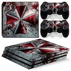 ZOOMHITSKINS PS4 Pro Console and Controller Skins, War Umbrella Red Black Silver Grey Metal Stain Water Blood, High Quality, Durable, Bubble-free, 1 Console Skin 2 Controller Skins, Made in USA