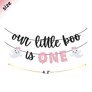 Pink Black Our Little Boo is One Banner One Cake Topper for Pink and Black Halloween Girl 1st Birthday Party Decorations