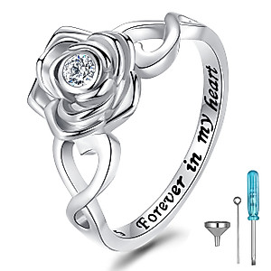 ZOEXUE Sterling Silver Rose Cremation Urn Rings Hold Loved Ones Ashes - Infinity Flower Cremation Ring for Ashes for Women Rose Urn Ring Gift for Mom