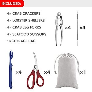 Seafood Tools Set includes 4 Crab Crackers 4 Seafood Fork 4 Lobster Crackers 4 Seafood Scissors -Nut Cracker and Storage Bag（17 Piece ）