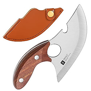 TIVOLI Ulu Small Meat Knife 5-inch Handmade Alaskan Rocker Knife With Sheath Full Tang Kitchen Utility Knife Portable Outdoor Camping Knife with Bottle Opener for BBQ Fishing Hiking