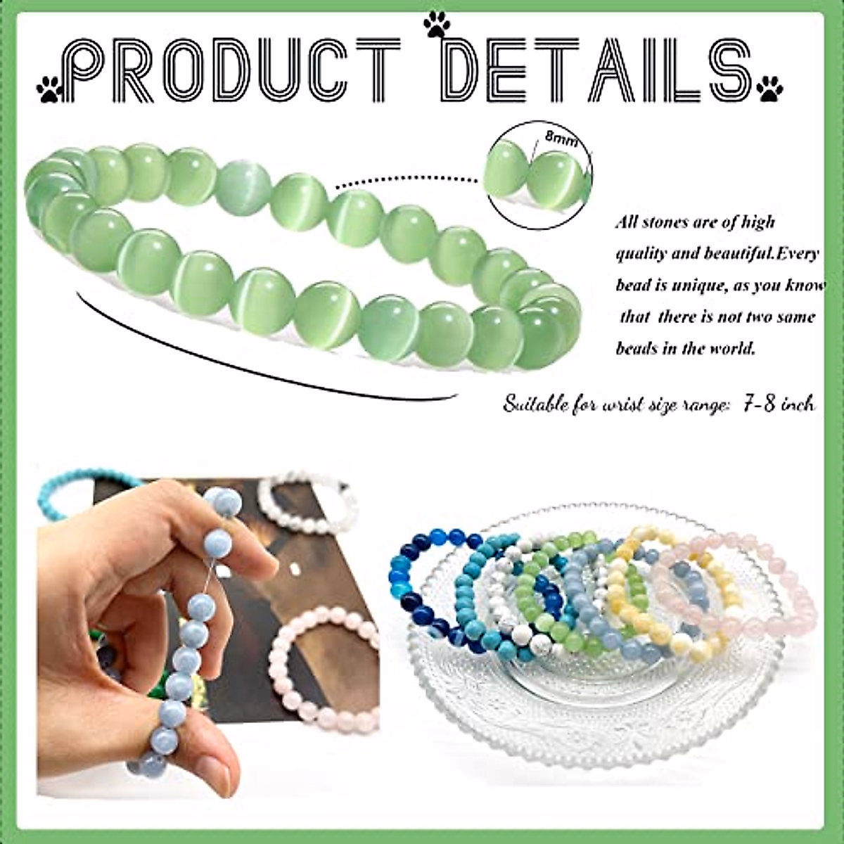 SROBENZ 12 PCS Gemstone 8mm Round Beaded Bracelet Set Healing Crystal Stone Stretch Bracelets for Women Girl Men Round Beads Elastic Bracelets