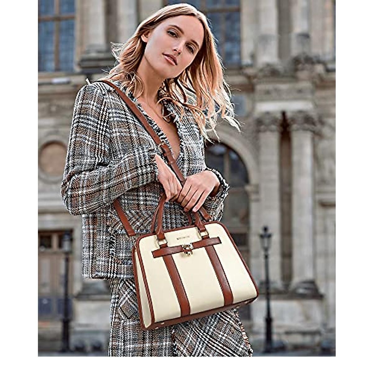 BOSTANTEN Women Leather Handbags Fashion Designer Purses Two Tone Satchel Top Handle Bags with Crossbody Strap,Beige