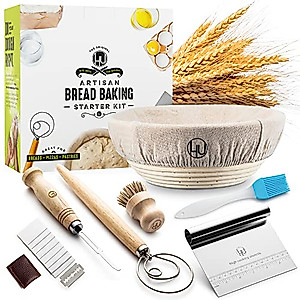 Sourdough Start Kit - Sourdough Bread Baking Supplies with Banneton Bread Proofing Basket Bowl, Cloth, Whisk, Bread Lame, Dough Scraper, 2 Brushes - Sourdough Starter Kit Bread Making & Baking Tools