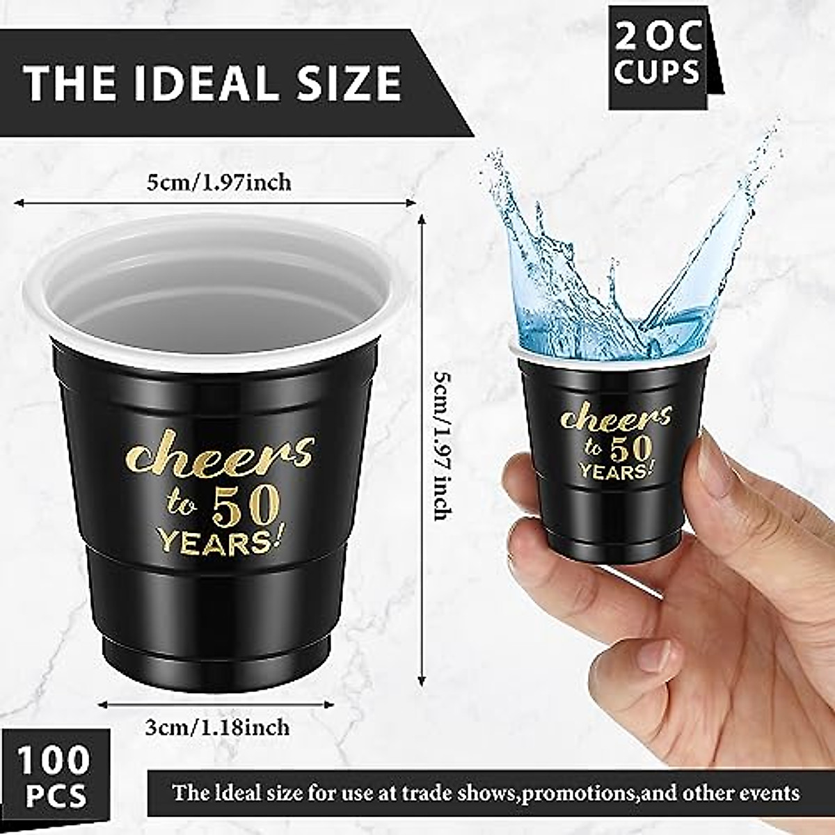 100 Pcs 2 oz Black Birthday Cups Plastic Stadium Cups Cheers to 30 40 50 60 Years Party Decorations Disposable Shot Cups for Men Women Anniversary Drinking Supplies(50 Years)