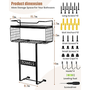 Towel Racks for Bathroom Wall Mounted - Bath Wall Towel Storage Holder Set Above Toilet, Rolled Towel Shelf Organizer for Small Bathroom Black, Wood Vertical Towel Rack for Bathroom Wall Decor