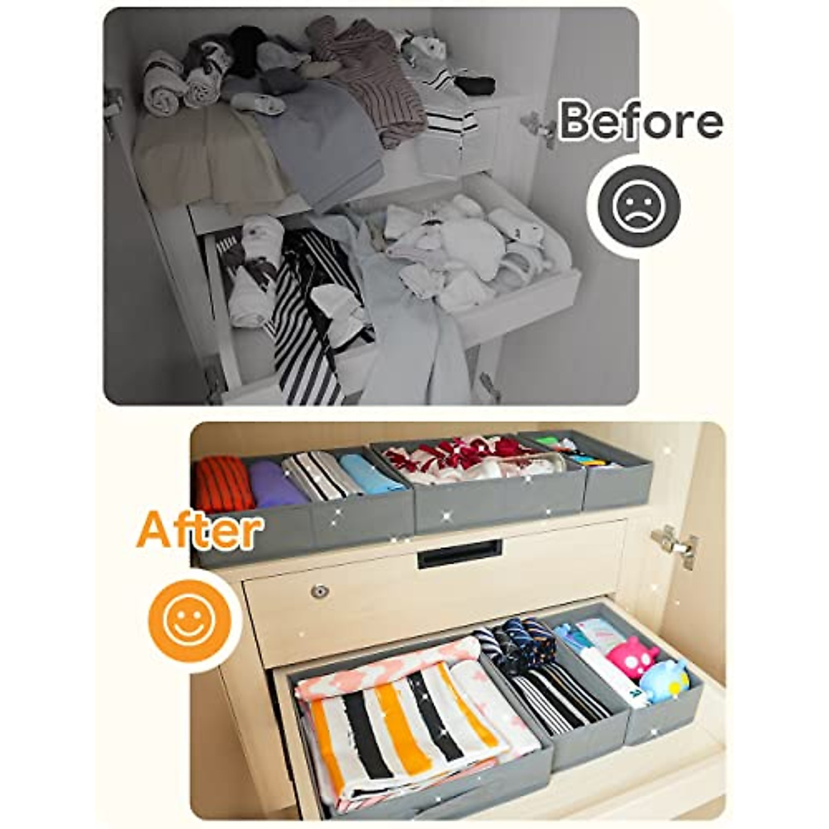 Teklar Dresser Drawer Organizers for Clothing [10 Pack] Foldable Fabric Shallow Clothes Drawer Dividers with 3.2" Height for Baby Clothes, Underwear, Sock, Bra (6 Medium + 4 Large, Grey)