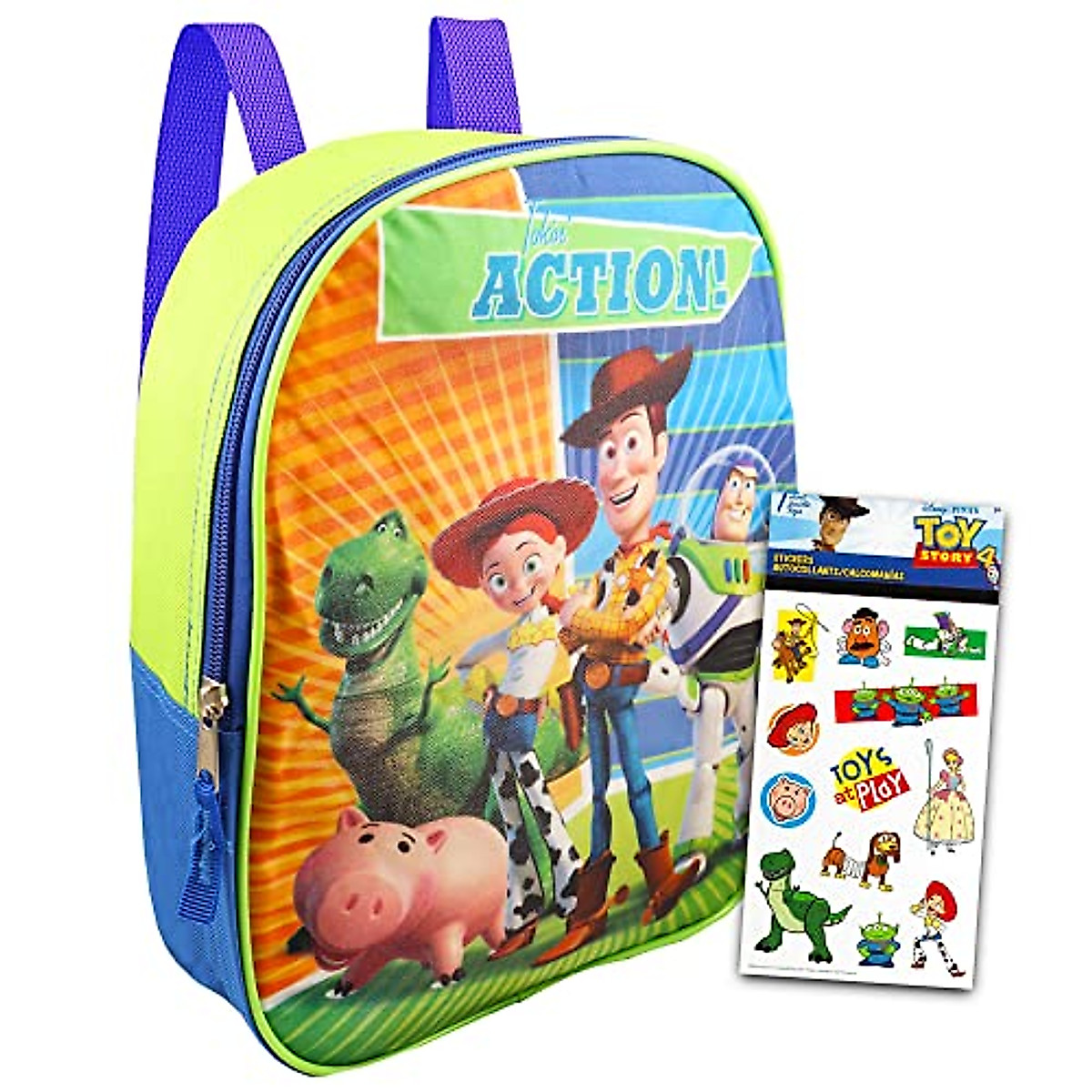 Disney Toy Story 4 Mini Toddler Preschool Backpack (11") ~ 2 Pc Bundle with Toy Story School Bag Featuring Buzz, Woody, and More, and Toy Story Stickers (Toy Story School Supplies for Kids)