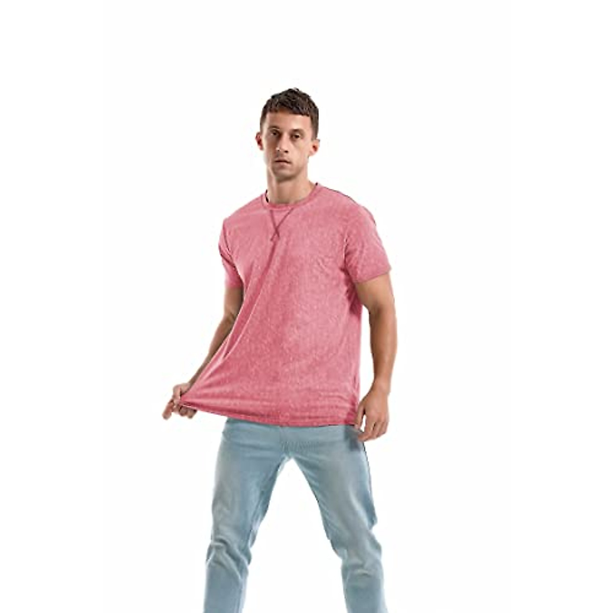 KLIEGOU Men's T-Shirts - Elasticity Cotton Crew Neck Tees 2166 Pink XL