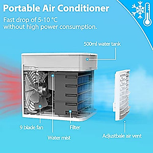 coosolvo Portable Air Conditioner, Personal Air Cooler with Quiet 3 Wind Speeds, Cooling Fan with Large Water Tank, Mini AC Unit with 7 Color Light, USB Small Air Conditioner for Home