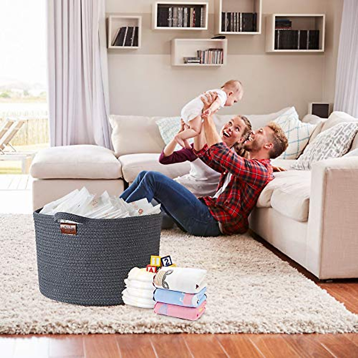 Rope Baskets Extra Large Storage Baskets Cotton Rope Woven Nursery Bins (15"x10", Dark gray)