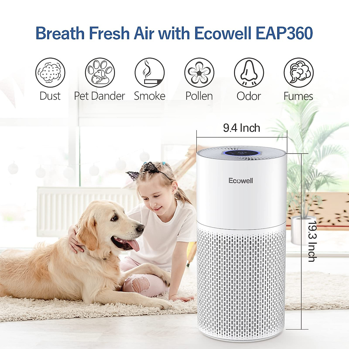 Air Purifiers for Home Large Room with Air Quality Sensor, Covers Up to 1640 Sq Ft, HEPA Filter, 360°Air Intake, Remove 99.97% Mold, Pet Dander, Dust, Odor, Smoke, ECOWELL Model: EAP360, White