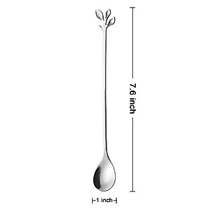 Long Handle Iced Tea Spoons Set of 6, Comicfs 7.6" Ice Cream Spoon, Creative Silver Leaf Cocktail Stirring Spoons, Premium Food Grade Stainless Steel, Mirror Finish & Dishwasher Safe (6 Pcs, Silver)