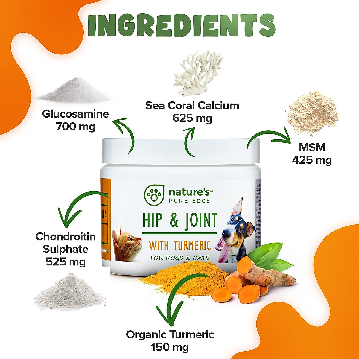 Powerful PET Hip & Joint - with Organic Turmeric - Natural Ingredients - Triple Strength - Chondroitin - Glucosamine - MSM - Organic Sea Coral Calcium. Extra Large 170 Grams.