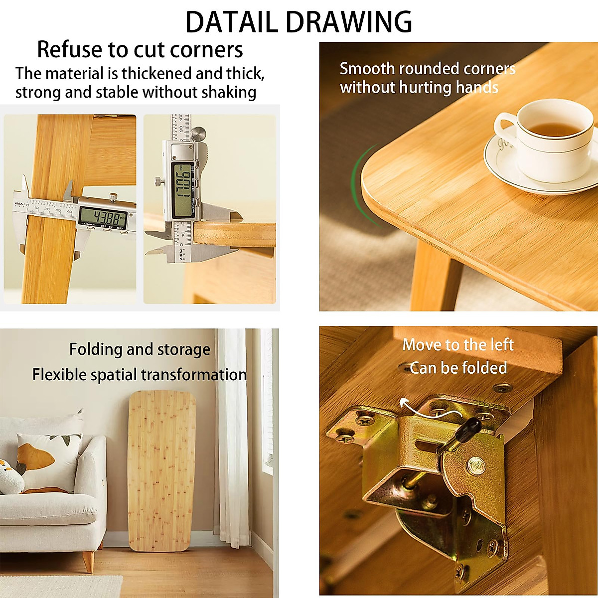 Baveke Coffee Table Foldable Bamboo Mid Century Desk TV Stand with Open Storage Shelf Center Table for Living Room Furniture RV No Assembly, Natural (31.5 in)