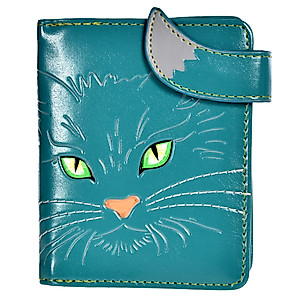 Shag Wear Women's PU Vegan Leather Colorful Slim Trendy Small Bifold Wallet with 4 Credit Card Slots, 1 Zippered Coin Pocket, and Clear ID Window (Green Eyed Kitty Teal)