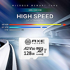 AXE MEMORY 128GB microSDXC Memory Card + SD Adapter with A2 App Performance, V30 UHS-I U3 4K