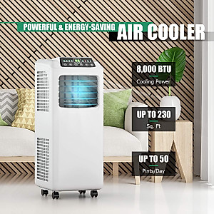 COSTWAY 8000 BTU Portable Air Conditioner, 3-in-1 Air Cooler w/Built-in Dehumidifier, Fan Mode, Sleep Mode, Remote Control& LED Display, Rooms Up to 230+ Sq. ft, for Home Office (White and Black)