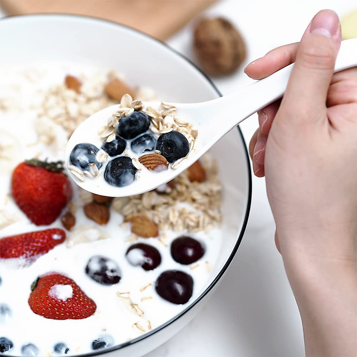 NJCharms Ceramic Soup Spoons Set of 6, 6.8 inch Large Asian Soup Spoon sets Suitable for Pho, Ramen, noodles, White