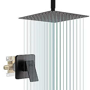 Ceiling Mount Shower Only Faucet Set Matte Black Bathroom Rainfall Shower System with 10 Inch Shower Head and Handle Set Single Function Mixer Shower Trim Kit with Rough-in Valve