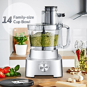 Magiccos 14-Cup Aluminum-Diecast French-Fry-Cutter Food-Processor - Large Feed Chute, XL Size Bowl, Cheese Shredding, Vegetable Meat Chopping, Shredding and Slicing, Mixing and Doughing, for Home Use