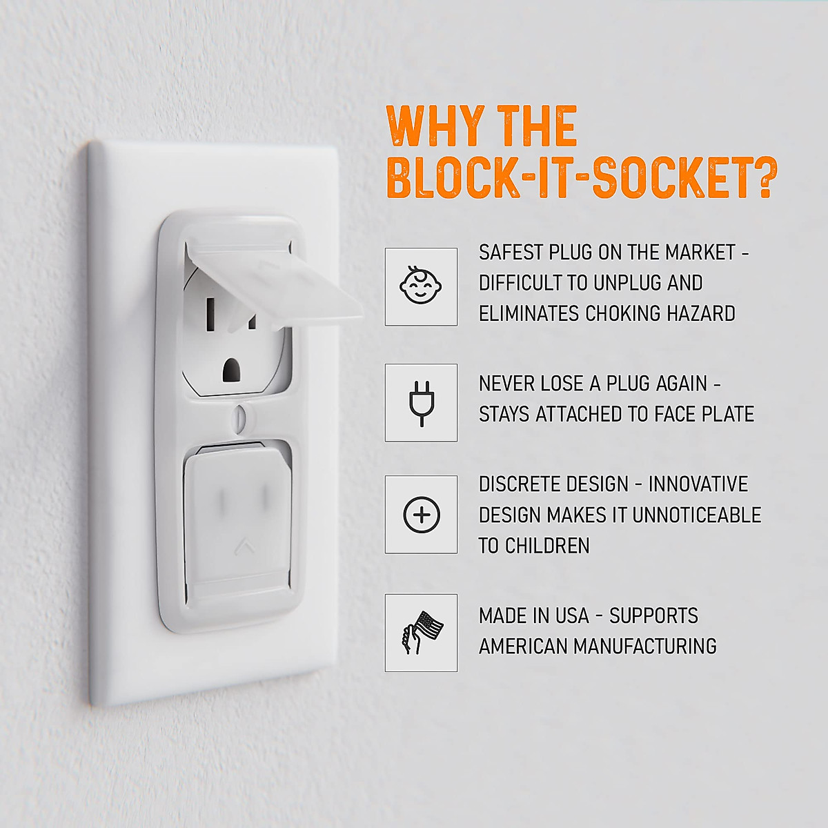 Block-It-Socket - Outlet Covers Baby Proofing (Made in USA) Never Lose an Outlet Plug Cover Again, Stays Attached to Face Plate, No Choking Hazard - Child Safety Switch (8 Pack - 16 Receptacles) Clear