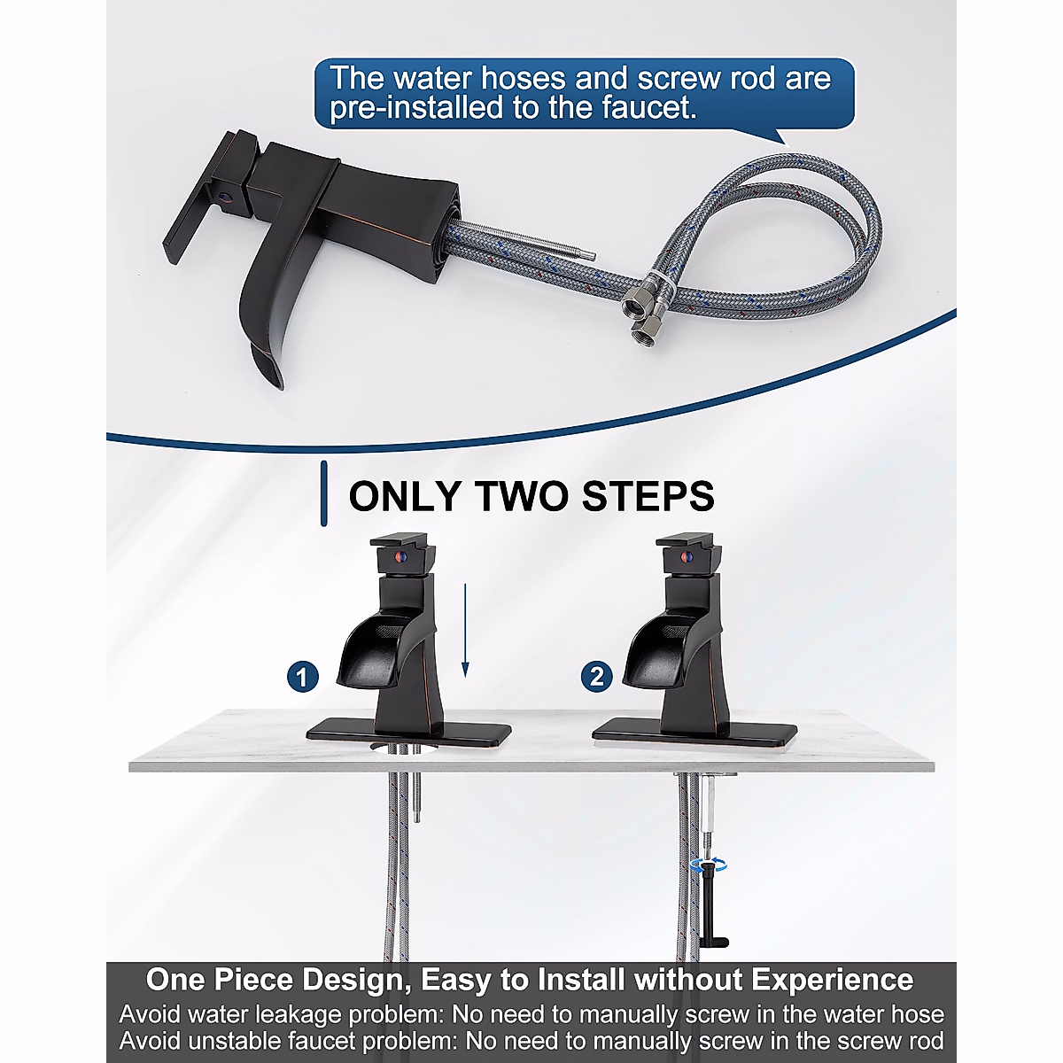 HOIGY Bathroom Waterfall Faucet, Brass Oil Rubbed Bronze Bathroom Faucet Single Handle, 4 Inch Bathroom Sink Faucet 1 Hole or 3 Holes, Bathroom Faucets with Pop-Up Drain & Deck Plate for RV Farmhouse