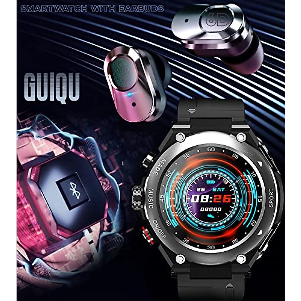 GUIQU Smart Watch with Earbuds, Bluetooth 5.3 HiFi Sound Effect [GPS 45mm] Monitor Tracker for Health Fitness Running Sleep Cycles, US Version Compatible Android and iOS