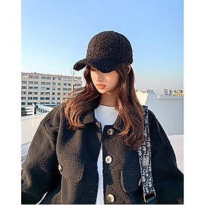 Women Men Winter-Warm Baseball Caps Faux-Lamb-Wool Teddy-Fleece Baseball Hats Adjustable Outdoor Cap (M, Black)