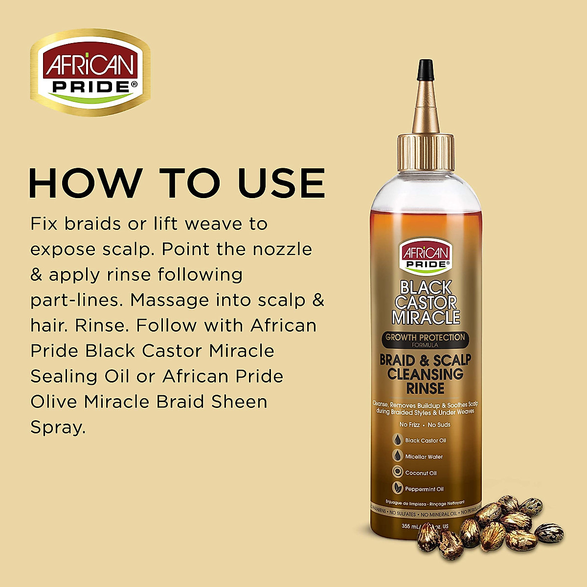 African Pride Black Castor Miracle Braid & Scalp Cleansing Rinse - Removes Hair Build Up & Soothes Scalp, No Frizz, Contains Black Castor Oil, Micellar Water, Coconut Oil, Peppermint Oil, 12 oz