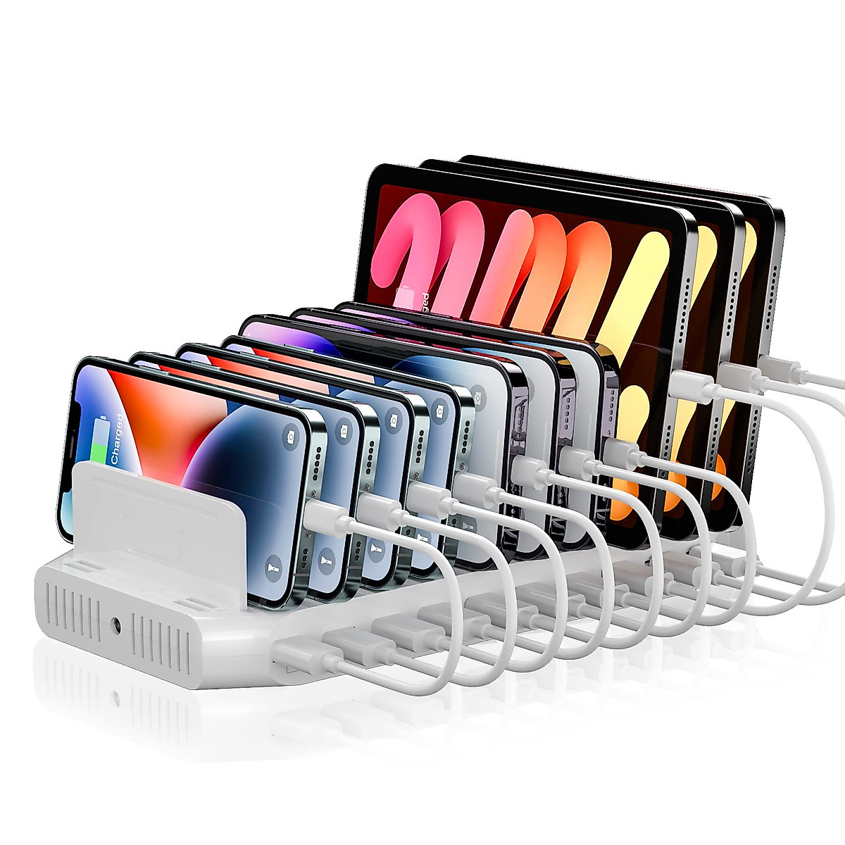 Alxum 60W 10 Ports USB Charging Station for Multiple Devices, Multi USB Charger Station with 5V/2.4A Output for Phone, Tablet and More, White