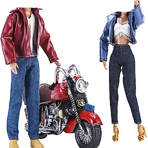 YAMASO Leather Coat Suit Pack,Cool Wild Motorcycle Style Couple Clothes for 11.5″ Girl Dolls and 12″ Boy Doll（Doll and Motorcycle not Included）