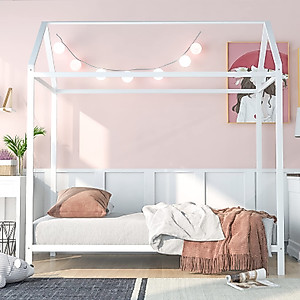 Twin House Bed for Kids, Montessori Bed Frame Metal Platform Bed Floor Bed for Boys Girls, No Box Spring Needed - White