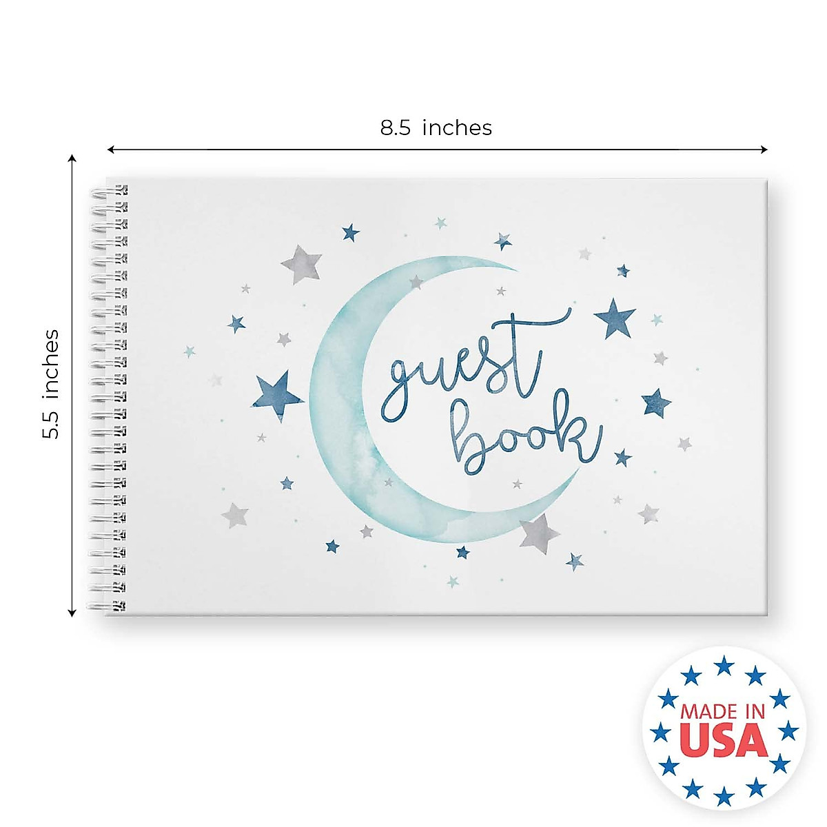 Hardcover Starry Delight Baby Shower Guestbook / 120 Lined Guest Signature Pages Inside / 5.5" x 8.5" Landscape Lay Flat Gender Neutral Guest Book/White Metal Spiral Binding