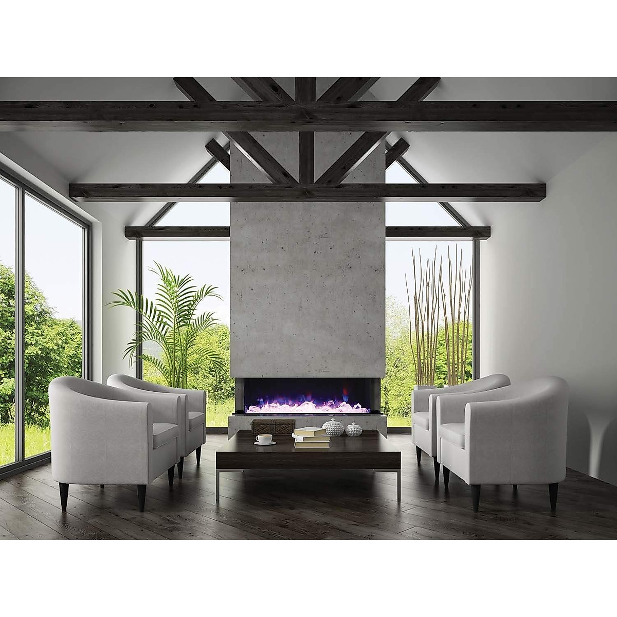 Amantii 72-TRU-View-XL 3 Sided Electric Fireplace 72 Inch, 3-Sided Glass Fireplace Heater w/Remote Control & 8H Timer, Thermostat, Black, Adjustable Brightness, Realistic Flame Effects