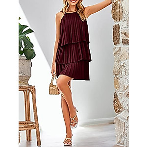 NALANISA 2023 Womens Summer Dresses Halter Pleated Tiered Flowy Sleeveless Mini Short Sundress Elegant Casual Cocktail Party(Wine Red, Medium)