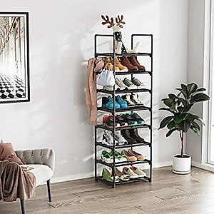 YAHAO 8 Tiers Tall Shoe Rack Narrow for Entryway, Sturdy Metal Shoe Rack Organizer with Side Hooks, Free Standing Shoe Rack for Closet