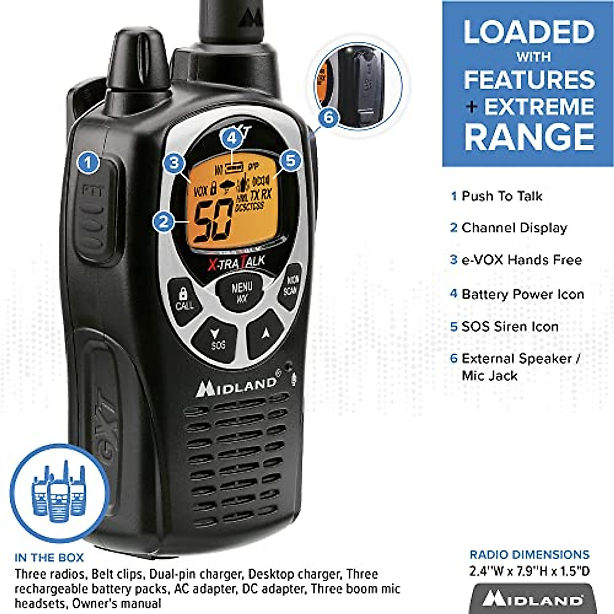 Midland 50 Channel GMRS Two-Way Radio - Long Range Walkie Talkie with 142 Privacy Codes, SOS Siren, and NOAA Weather Alerts and Weather Scan (Black/Silver, 3-Pack)