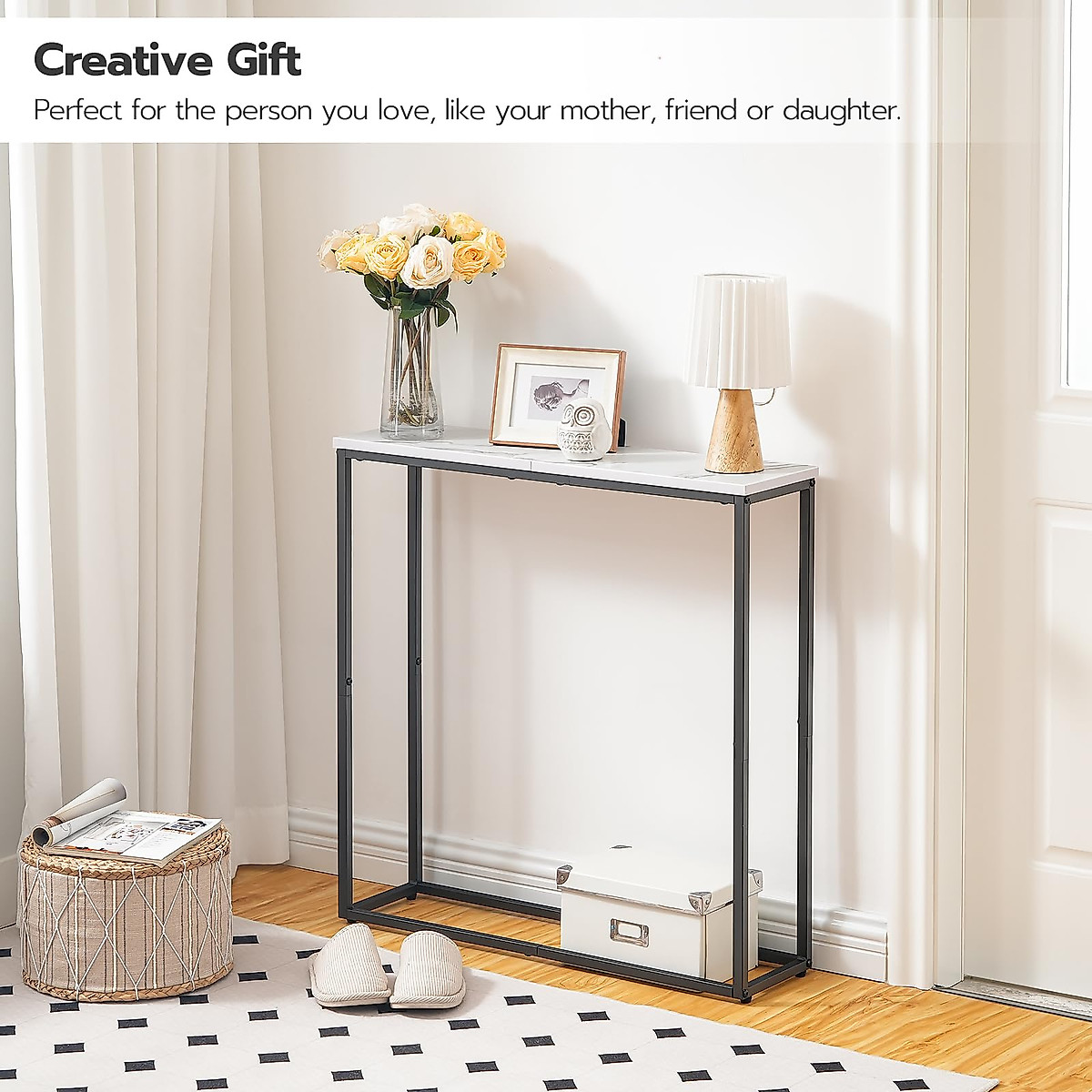 HOOBRO 29.5-Inch Narrow Console Table, Small Sofa Table, Entryway Slim Side Display for Hallway, Bedroom, Living Room, Foyer, Marble and Black BM76XG01