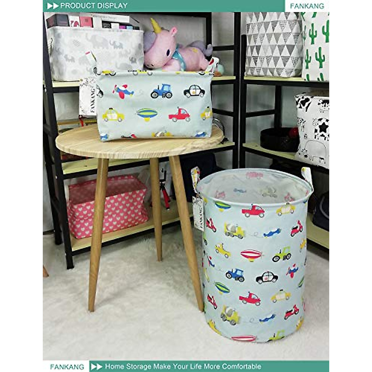 FANKANG Storage Basket, Nursery Hamper Canvas Laundry Basket Foldable with Waterproof PE Coating Large Storage Baskets for Kids Boys and Girls, Office, Bedroom, Clothes,Toys（Car）