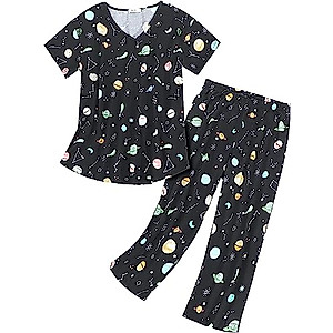 Zando Short Sleeve Summer Pajamas for Women Capri Pants Sleep Shirts for Women Soft Cotton Pj Sets for Women 2 Piece Night Shirts for Women Sleepwear with Long Pants Pjs Black Planet XX-Large