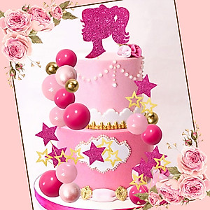 MEMOVAN Hot Pink Girl Cake Toppers 36pcs Ball Cake Decorations with Hot Pink Gold Balls Shiny Stars for Boho Girl Hot Pink Princess Theme Wedding Baby Shower Birthday Party Supplies