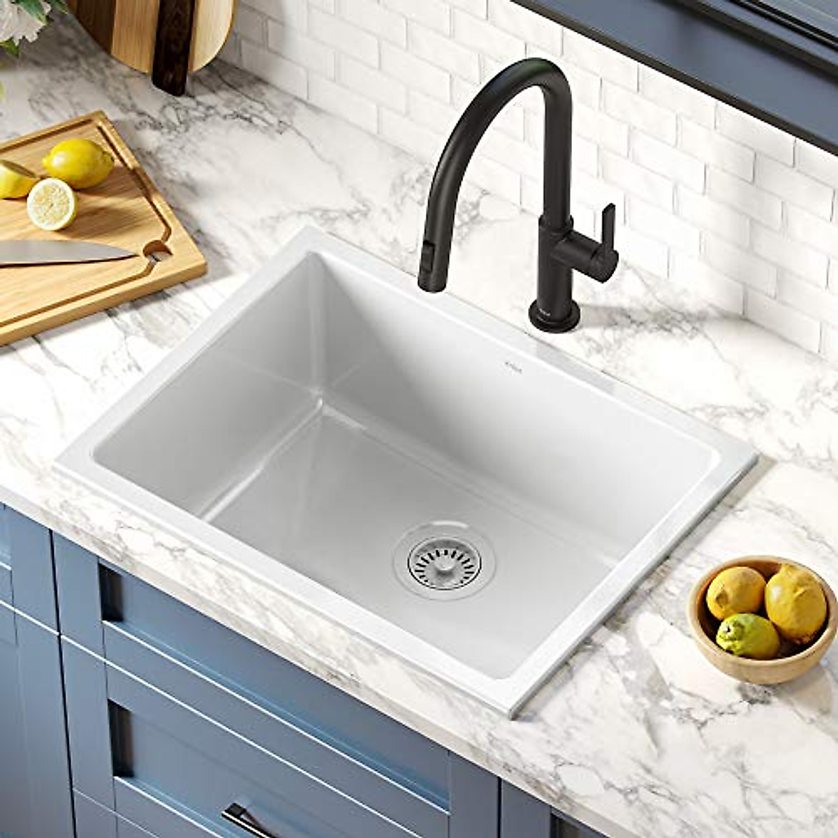 KRAUS Turino™ 24” Drop-In Undermount Fireclay Single Bowl Kitchen Sink with Thick Mounting Deck in Gloss White, KFD1-24GWH