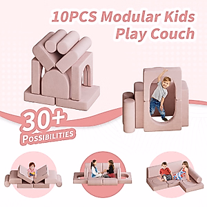 DEYGIA Modular Kids Play Couch, 10PCS Kids Modular Couch with 2 Arches and 2 Round Handrail, Kids Couch for Playroom, Modular Kids Couch for Boys and Girls, Modular Couch Kids (Pink)