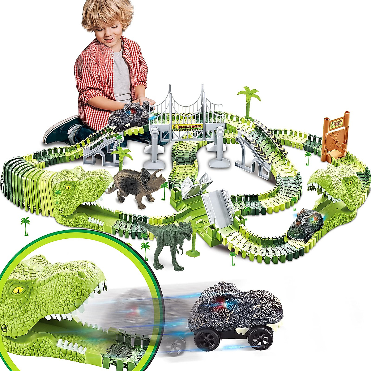 Dinasors Race Track Toy for Boys Girls Race Car Track for Kids Age 3-6 Dino Toys with 192 Flexible Track, 2 LED Dinosaur Racing Cars, Toddler Birthday Gift (Classical)