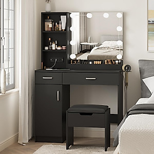 Fameill Makeup Vanity Desk with Lighted Mirror & Power Strip,Black Vanity Table Set with Lights and Lots Storage,2 Drawer Makeup Table,3 Lighting Colors,35.4in(L)