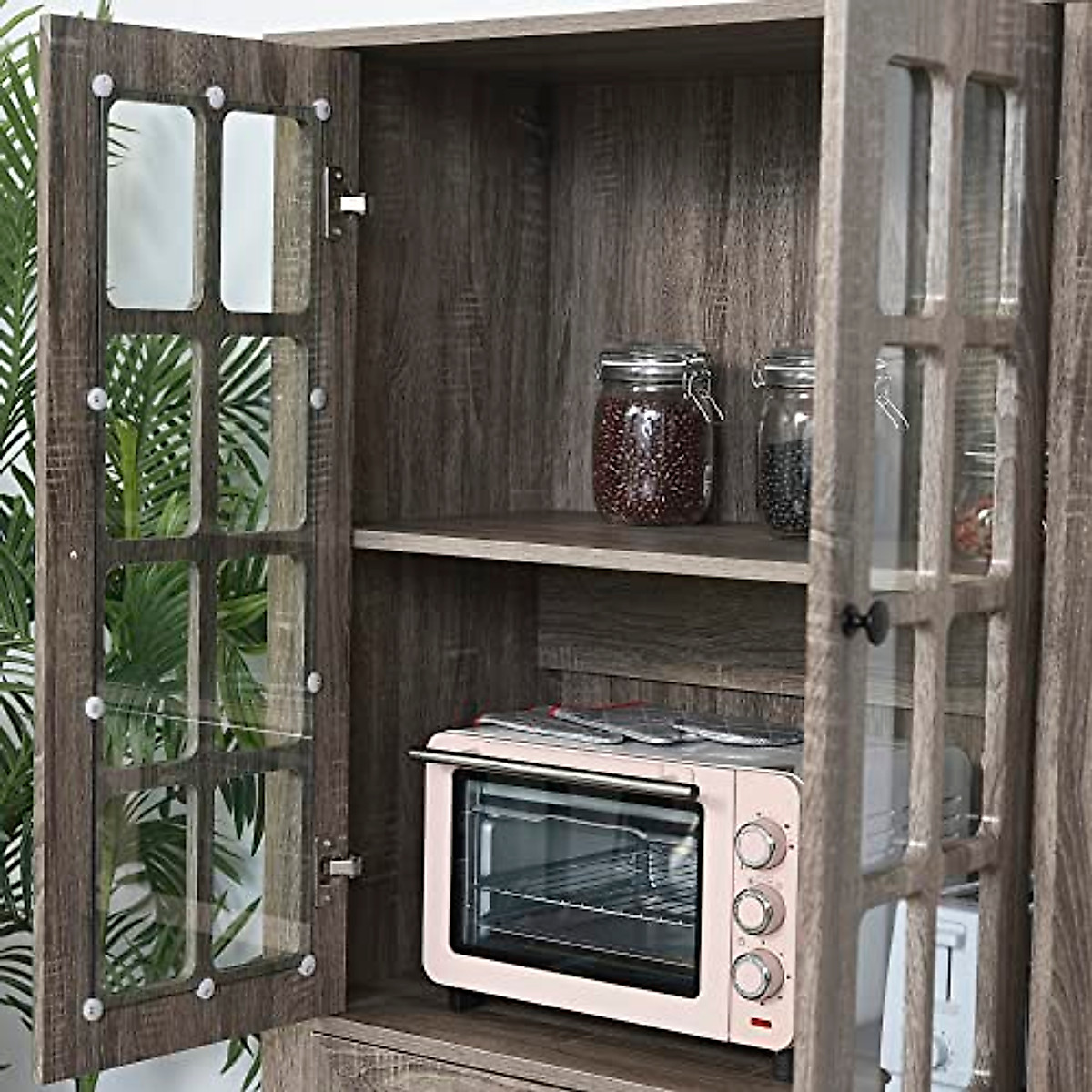 HOMCOM 71" Freestanding Kitchen Pantry Cabinet with Glass Door and Shelves, Tall Cupboard for Dining Room, Living Room, Natural