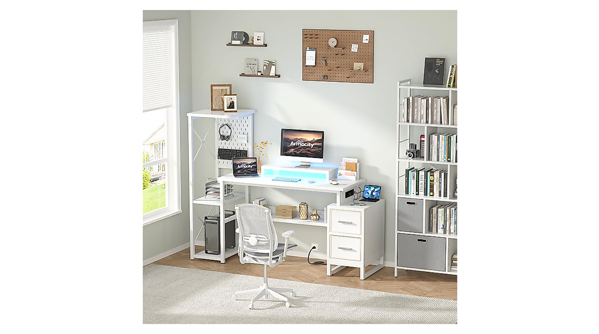 Stylish Computer Desk with LED Lights and Storage