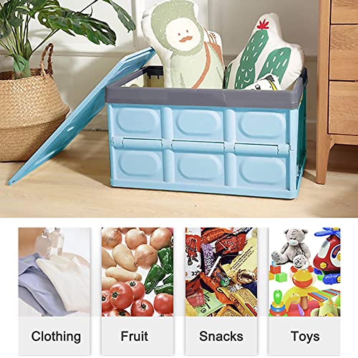 jocabo Collapsible Storage Box with lid 30L Lidded Bin Crates Plastic Tote Container Stackable Folding Utility for Clothes, Toy, Books ,Snack, Shoe -Blue