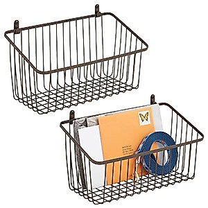 mDesign Metal Wire Wall Mounted Storage Organizer Basket Bin for Kitchen, Bedroom, Bathroom - Mountable Hanging Organization in Pantry, Closet, and Cabinet - Unity Collection - 2 Pack - Bronze